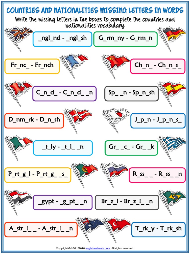 Countries and Nationalities Vocabulary Esl Missing Letters in Words ...