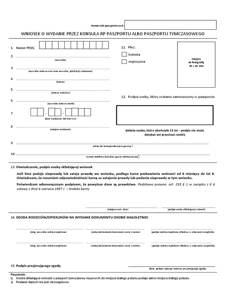 Wniosek o Wydanie Dokumentu Paszportowego Edytowalny | PDF