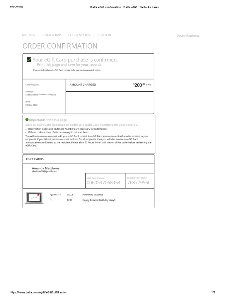 Delta eGift Card Purchase Confirmation | PDF