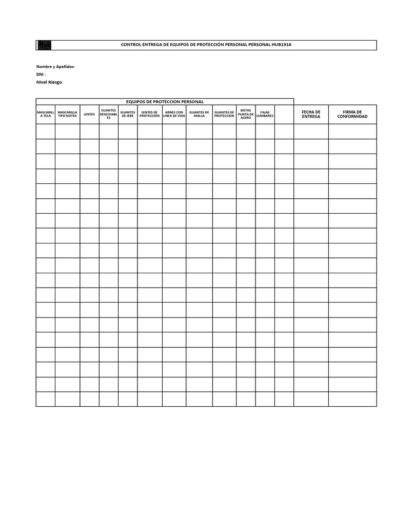 Formato Control Entrega Epp Hub1916 | PDF