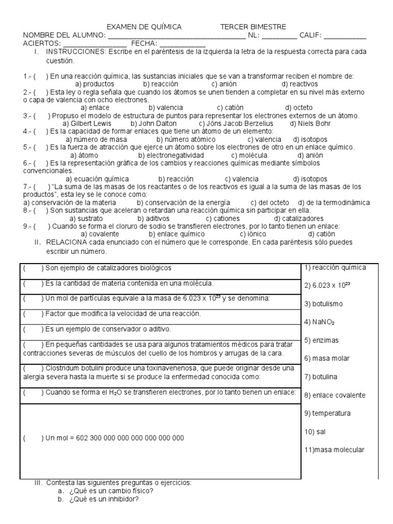 Examen de Química Tercer Bimestre | PDF | Enlace químico | Química