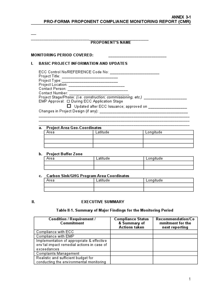 Pro-Forma Proponent Compliance Monitoring Report (CMR) : Annex 3-1 ...