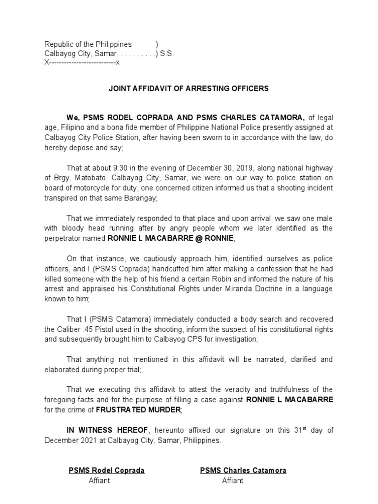 Affidavit of The Arresting Officers | PDF | Affidavit | Police