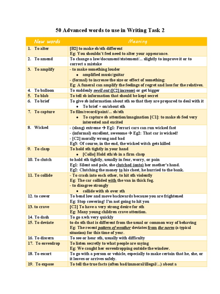 50 Advanced Words To Use in Writing Task 2 | PDF | Language Arts ...