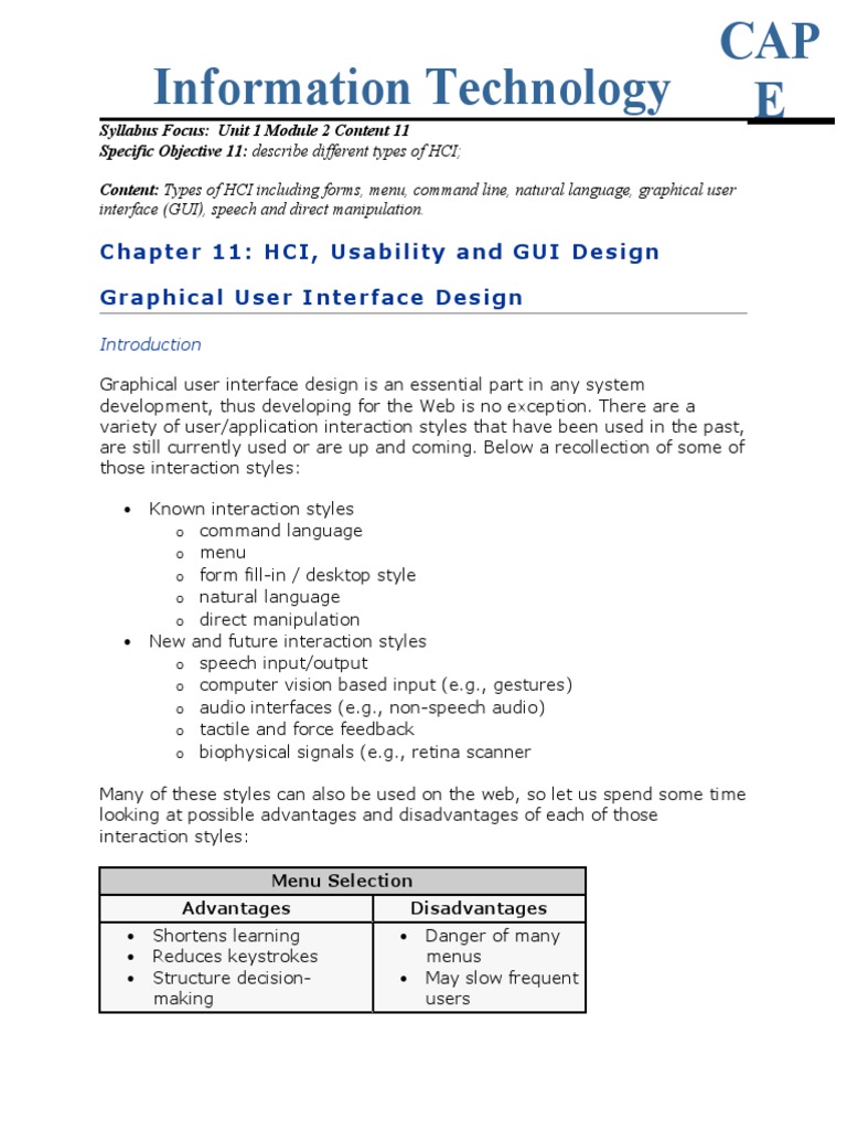 Chapter 11: HCI, Usability and GUI Design Graphical User Interface Design | PDF | Graphical User ...