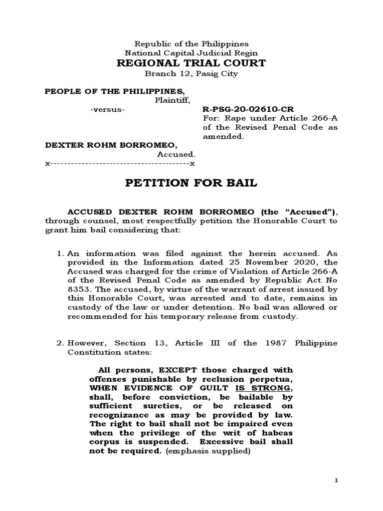 Petition For Bail - D. Borromeo | PDF | Bail | Misconduct