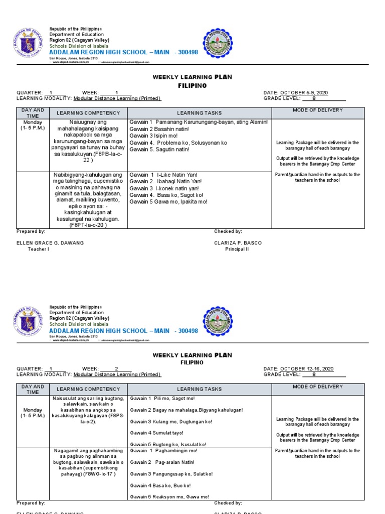Weekly Learning Plan Filipino 8 | PDF | Languages Of Southeast Asia ...