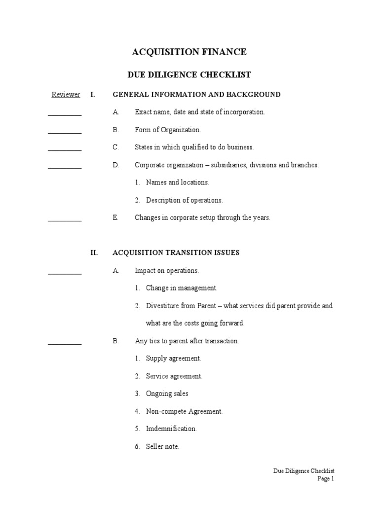 Due Diligence Checklist 1 Pdf Business Valuation Finance