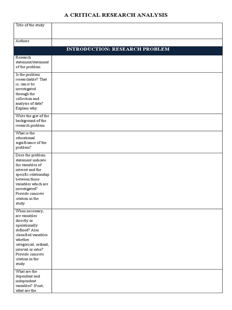 Critical Research Analysis Template | PDF | Statistical Significance ...