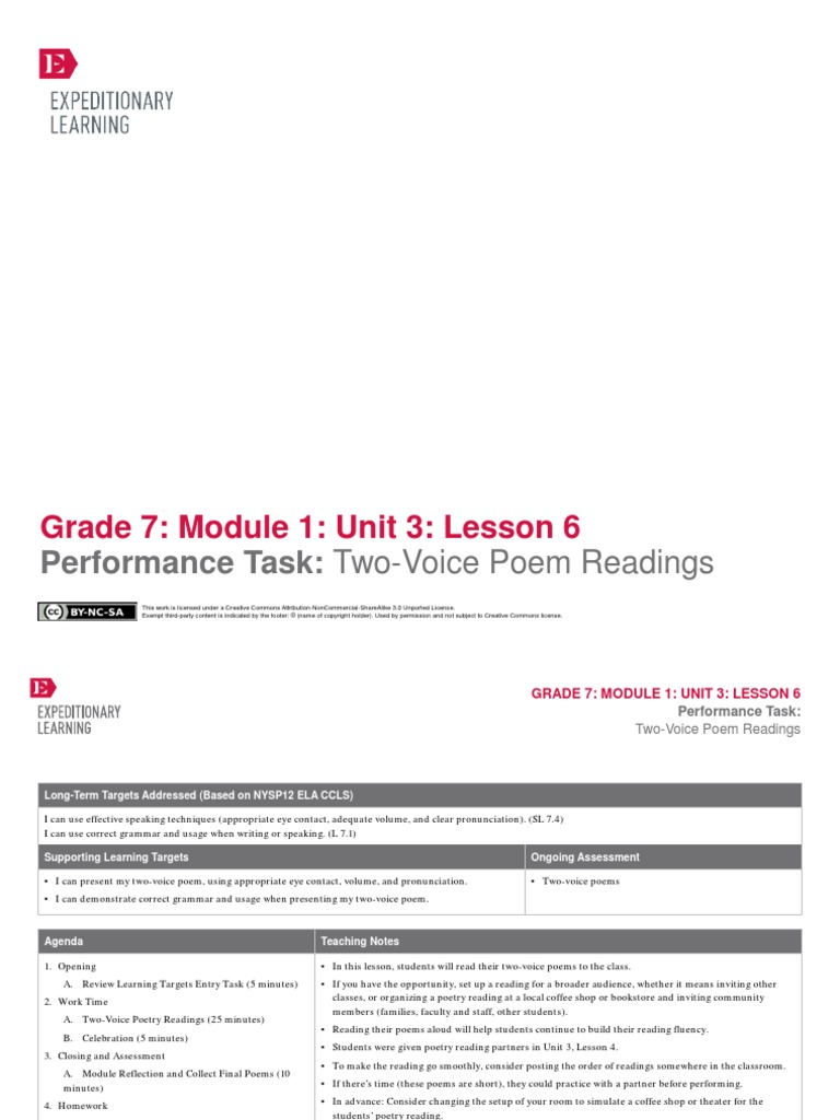 Grade 7: Module 1: Unit 3: Lesson 6: Performance Task: Two-Voice Poem Readings | PDF | Grammar ...