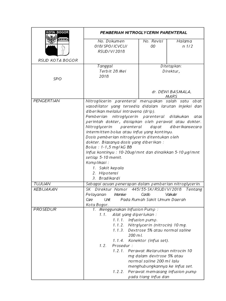 Prosedur Pemberian Nitrogliserin Injeksi | PDF | Sains & Matematika