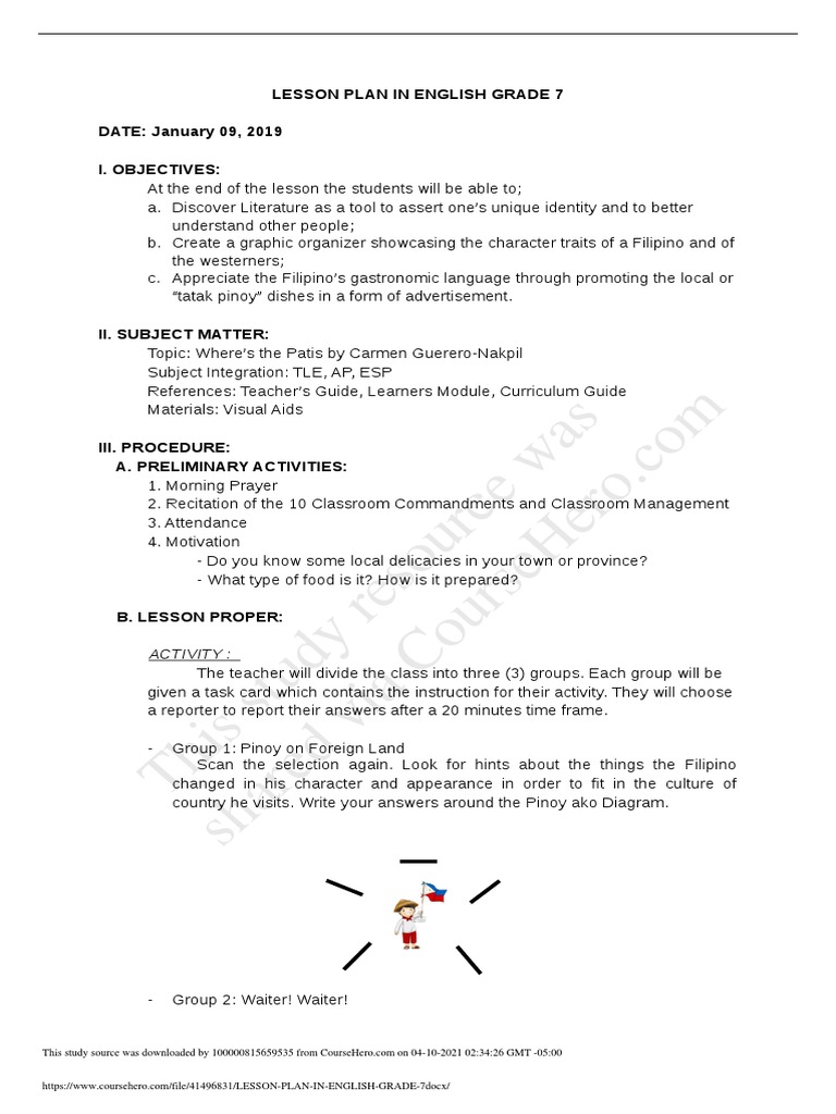 This Study Resource Was: Lesson Plan in English Grade 7 DATE: January 09, 2019 I. Objectives ...