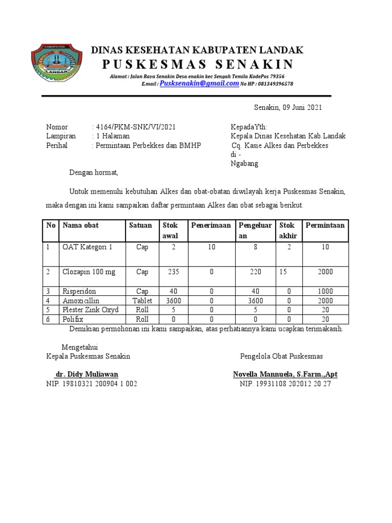 Surat Permintaan Obat Ke Dinas Kesehatan Kabupaten Landak | PDF