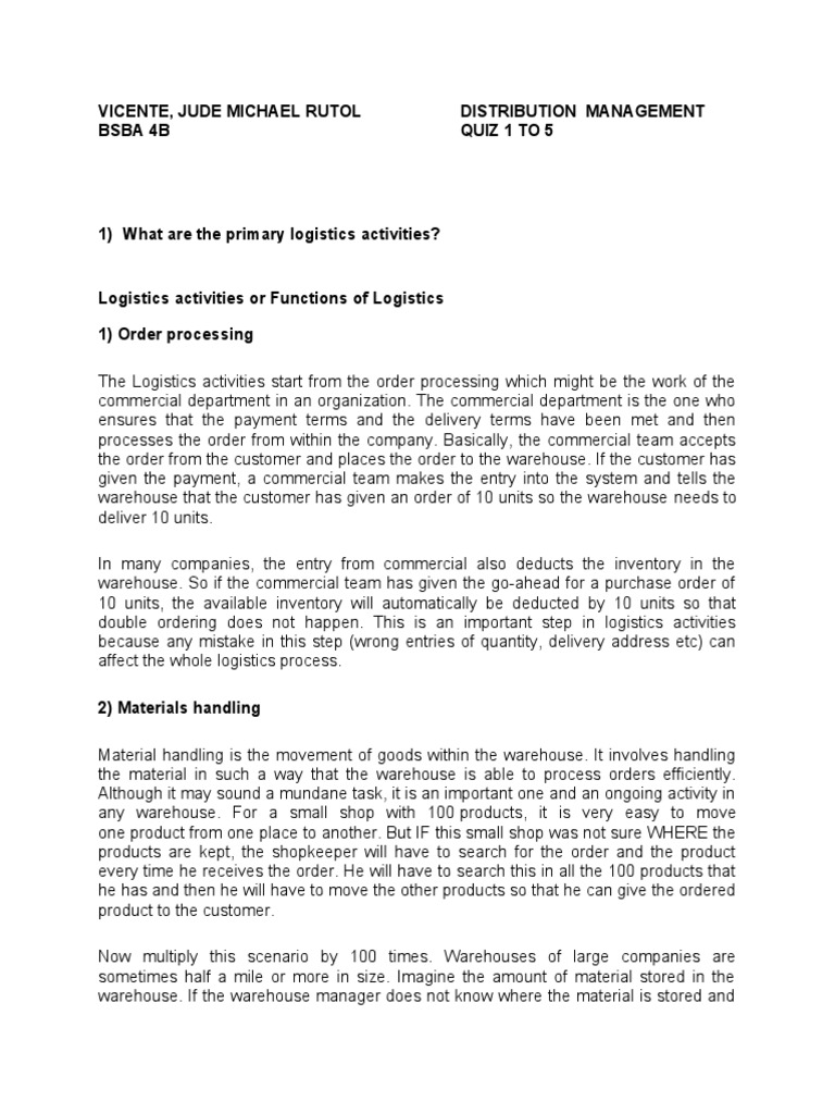 Logistics Management Quiz Overview | PDF | Warehouse | Logistics