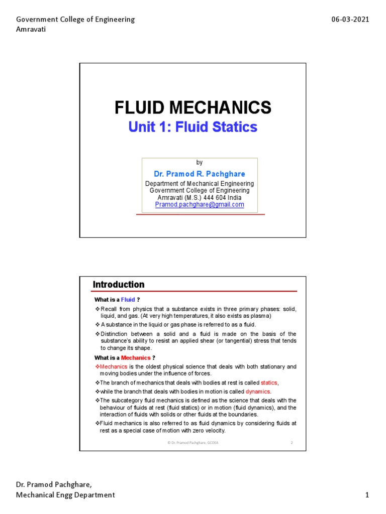 Unit1 Fluid Statics PPT by DR Pramod Pachghare | PDF | Viscosity ...