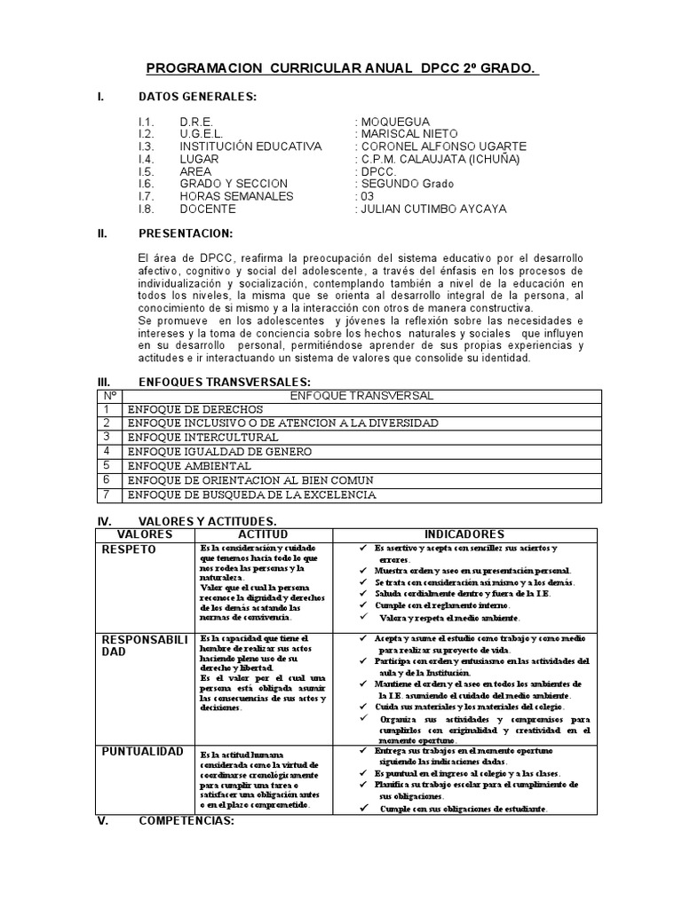 Programacion Anual de DPCC 2° | PDF | Evaluación | Autoestima