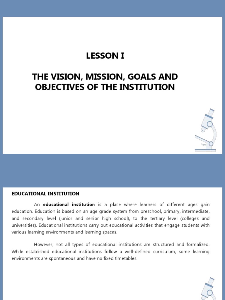 Lesson I The Vision, Mission, Goals and Objectives of The Institution ...