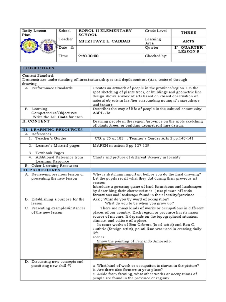 DLL Lesson Plan in Arts q1 WK 5 | PDF | Differentiated Instruction ...