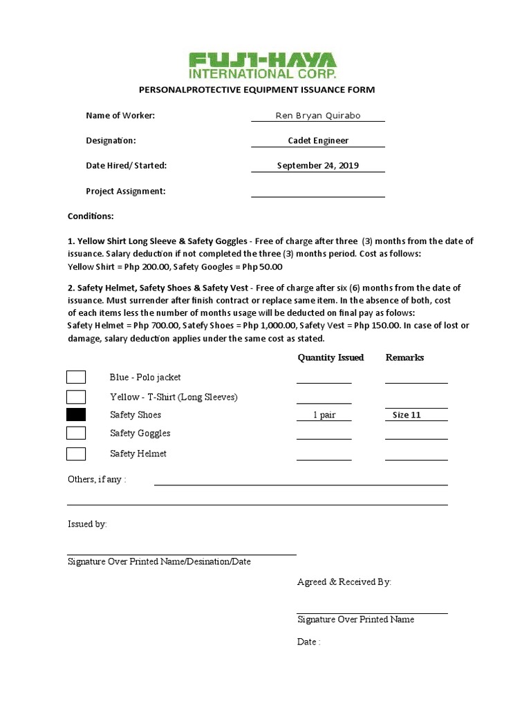 PPE Issuance Form | PDF | Clothing | Business