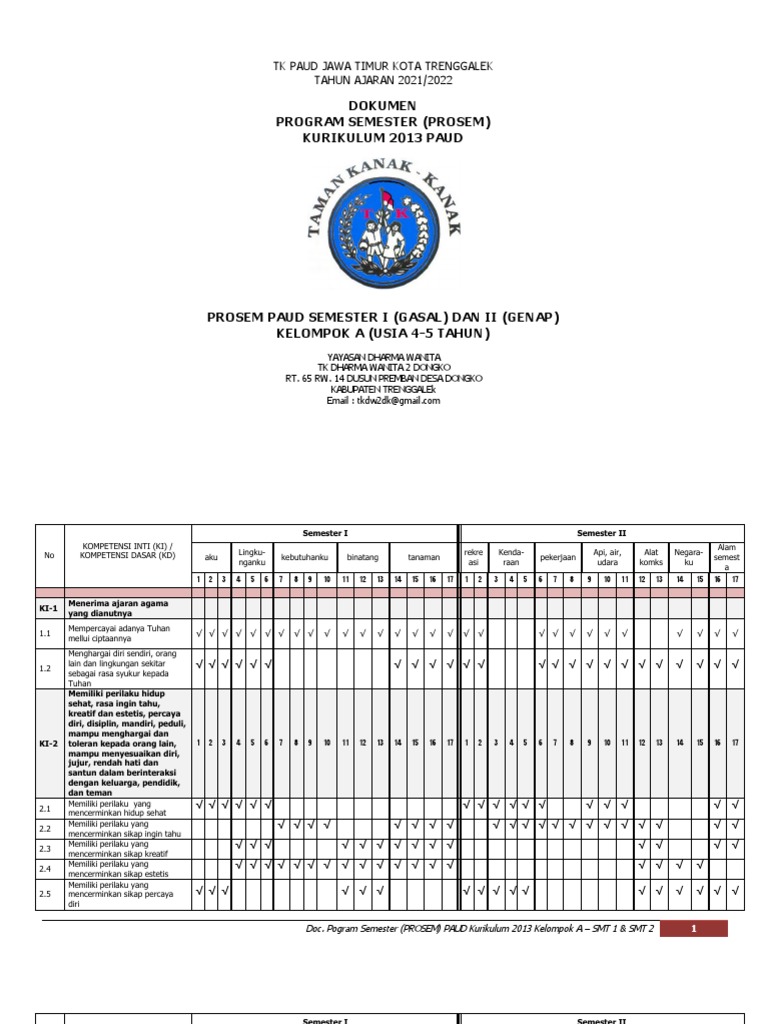Prosem Paud Kurikulum 2013 KLP A - SMT 1,2 - Paud | PDF