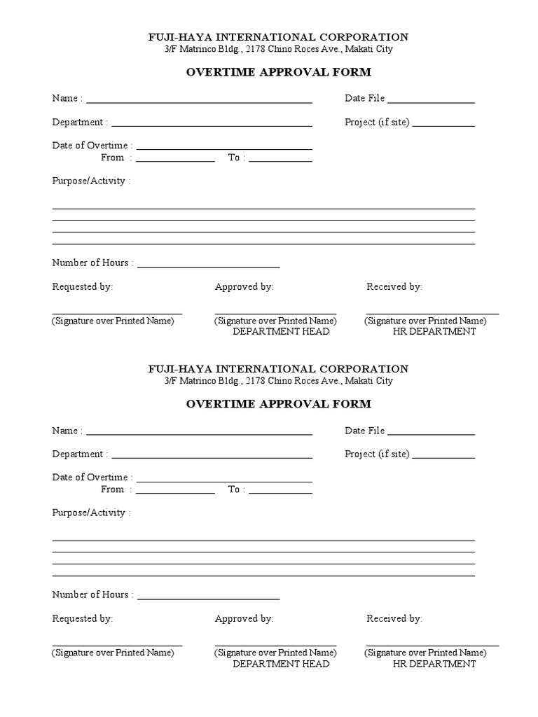 Overtime Approval Form: Fuji-Haya International Corporation | PDF