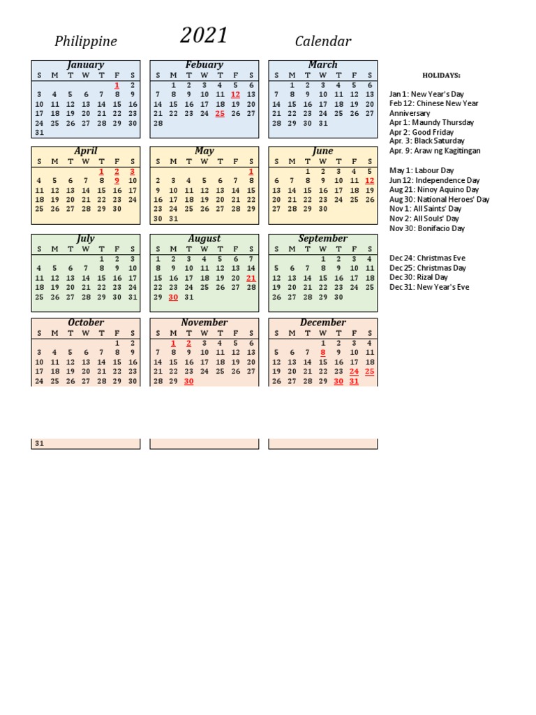 2021 Philippine Calendar with Holidays | PDF | Festival | Public Holiday