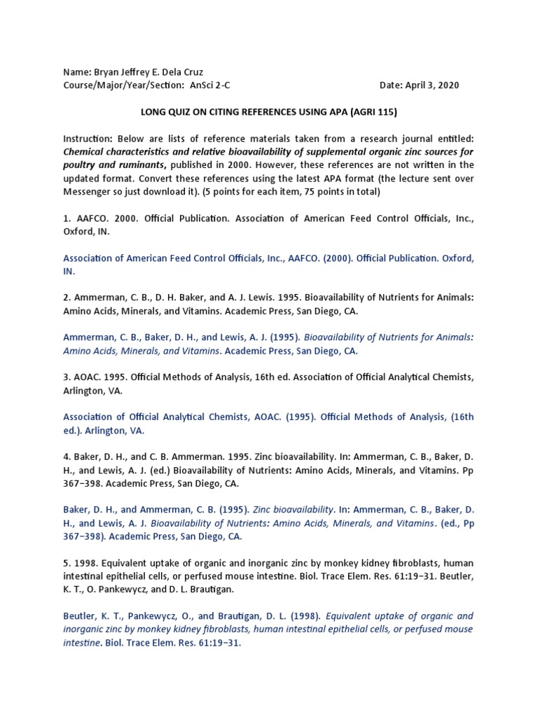 Long Quiz On Citing References Using Apa (Agri 115) | PDF | Chelation ...