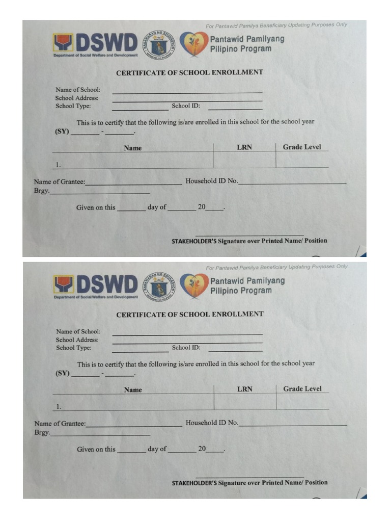 4PS DSWD Cert of Enrollment Form | PDF