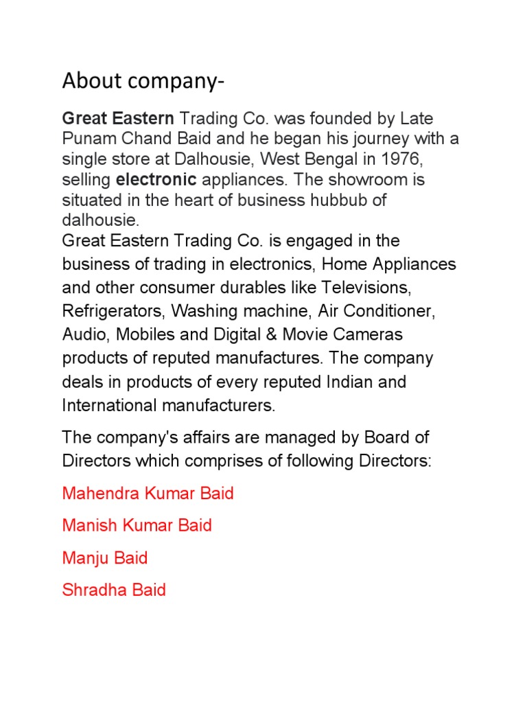 About Company-: Great Eastern Trading Co. Was Founded by Late | PDF