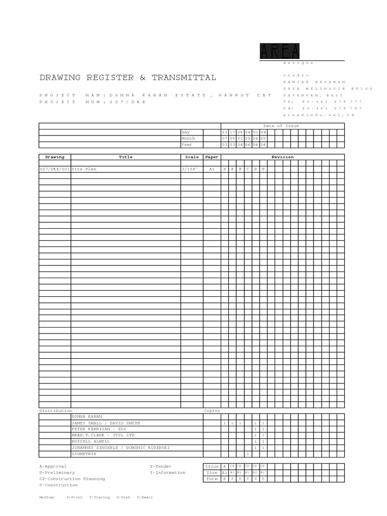 Drawing Register & Transmittal: Drawing Title Scale Paper Revision ...