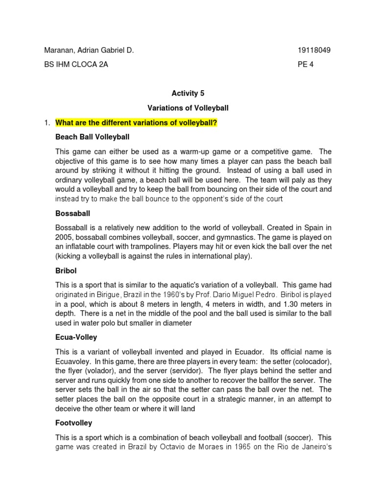 Activity 5 (Volleyball) | PDF | Volleyball | Hobbies