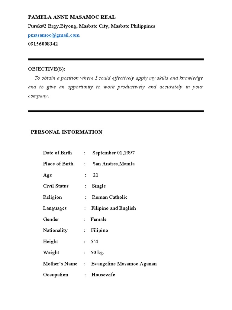 Pamela Anne Masamoc Real's Resume for an Administrative Position | PDF ...