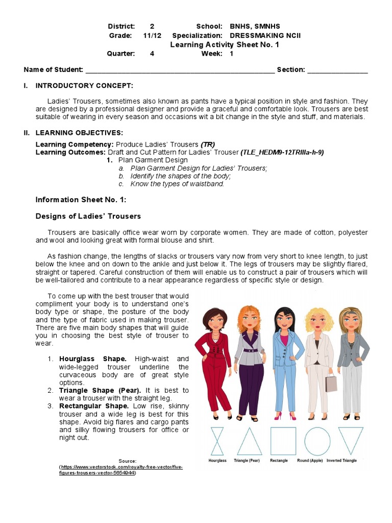 Learning Activity Sheet No. 1 | PDF | Trousers | Seam (Sewing)
