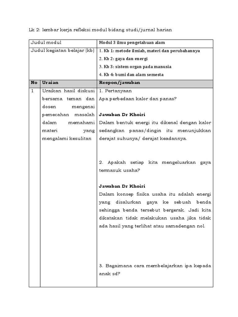 LK 2 - Lembar Kerja Refleksi Modul Bidang Studi Jurnal Harian IPA | PDF