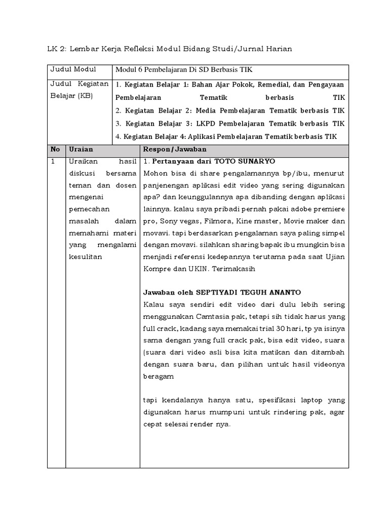 LK 2 - Lembar Kerja Refleksi Modul Bidang Studi Jurnal Harian TIK | PDF