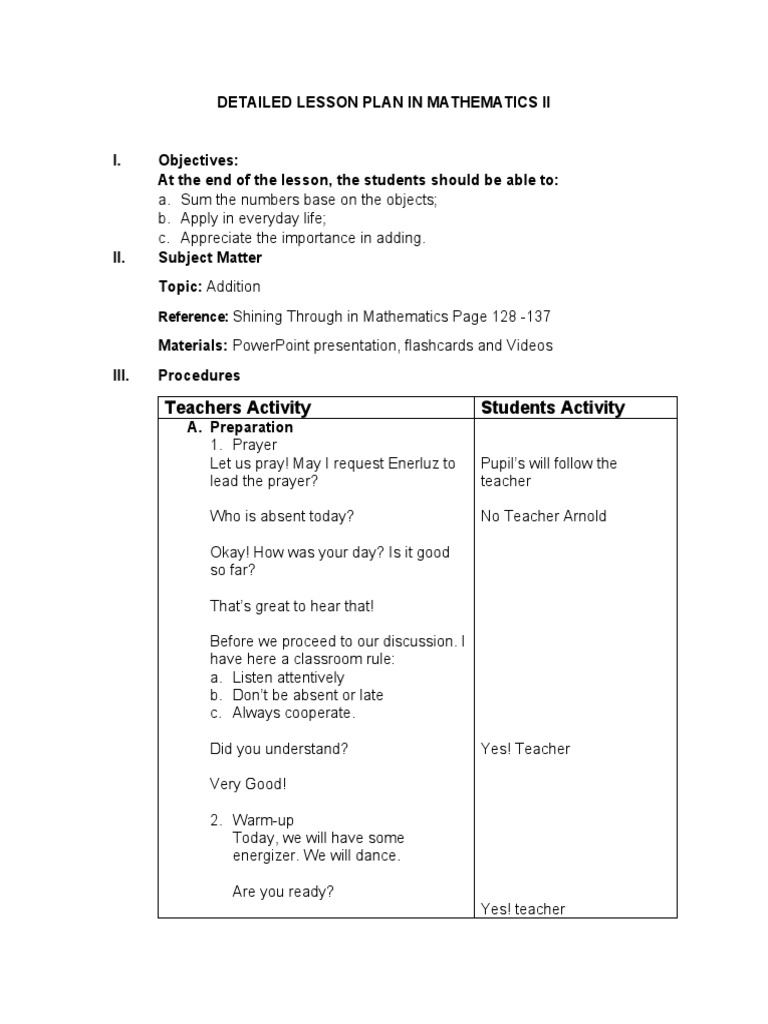 Detailed-Lesson-Plan in Math | PDF | Lesson Plan | Teachers