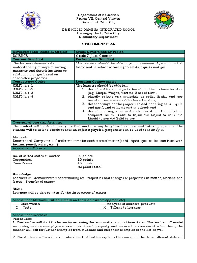 Grade 7 Science Assessment Plan | PDF | Educational Assessment | Gases