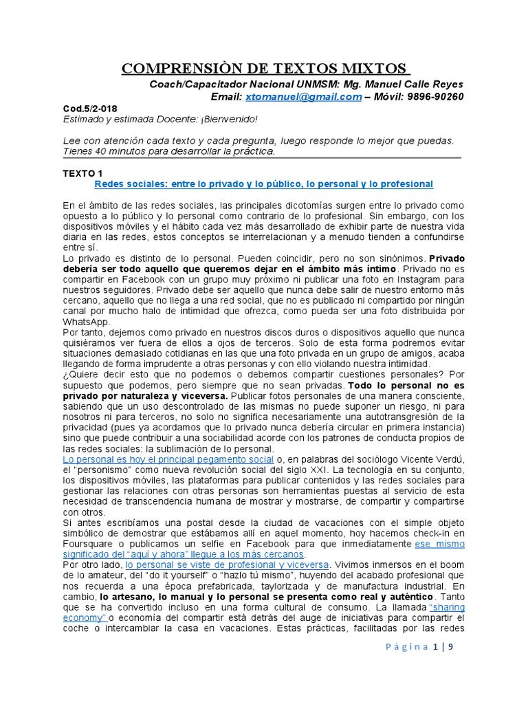 COMPRENSION DE TEXTOS MIXTOS - 2-018-COD 5 Redes Sociales Entre Publico ...