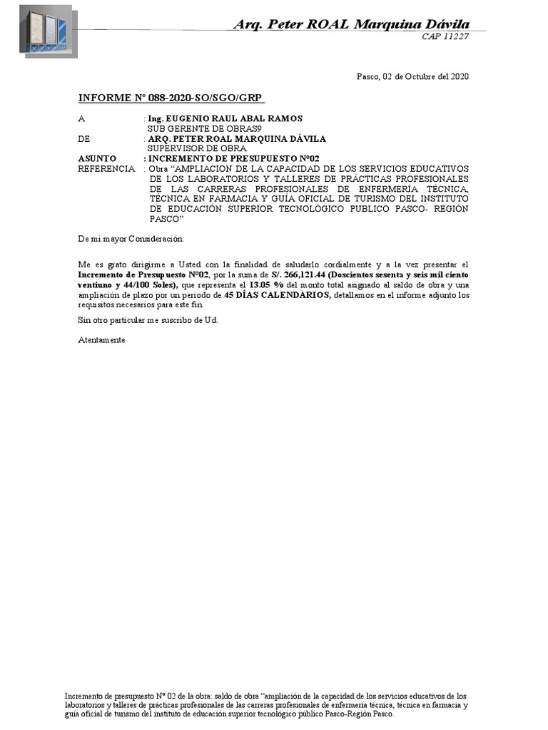 Informe Tecnico Adicional de Obra Incremento de Obra | PDF | Carpintería | Hormigón