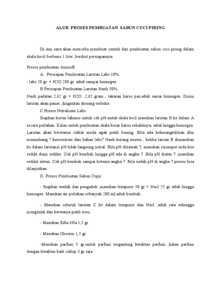 Alur Proses Pembuatan Sabun Cuci Piring | PDF