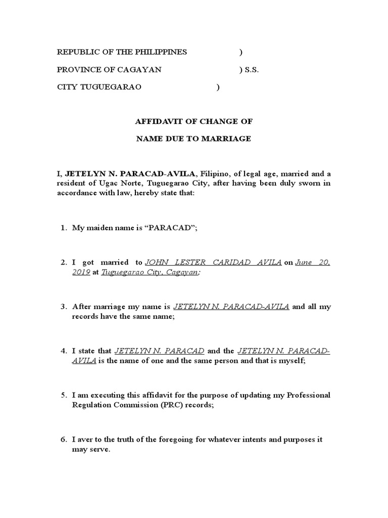 Affidavit of Change of Name After Marriage | PDF
