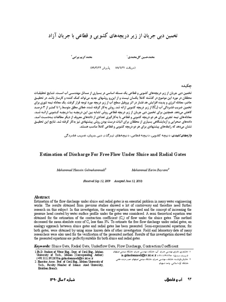 Estimation of Discharge For Free Flow Under Sluice and Radial Gates ...