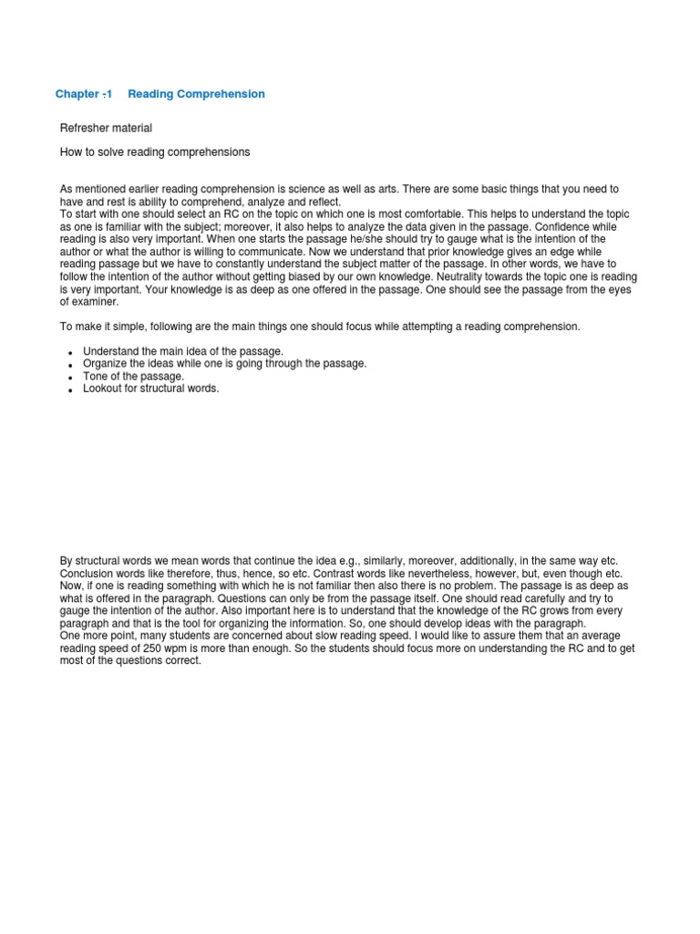 Chapter - 1 Reading Comprehension: Refresher Material How To Solve ...