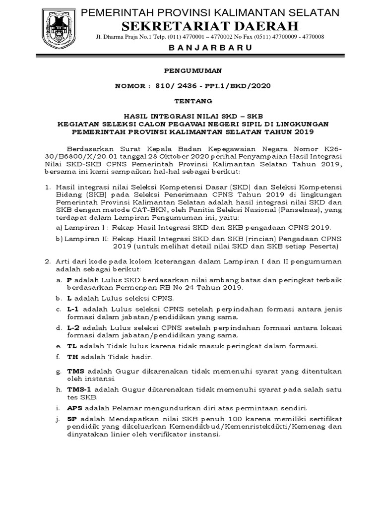 Hasil Integrasi SKD-SKB CPNS Kalsel 2019 | PDF