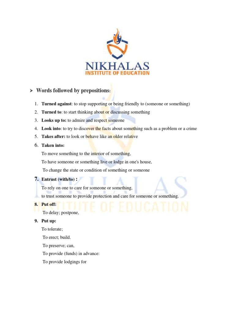 Words Followed by Prepositions: Taken Into | PDF