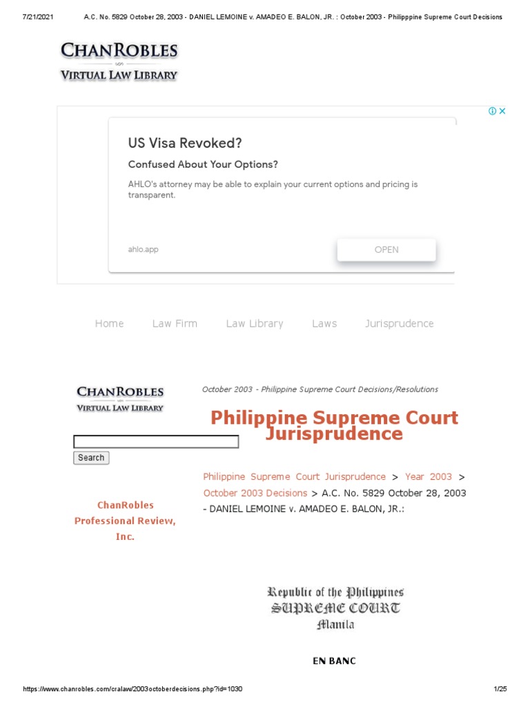 A.C. No. 5829 October 28, 2003 - DANIEL LEMOINE v. AMADEO E. BALON, JR ...