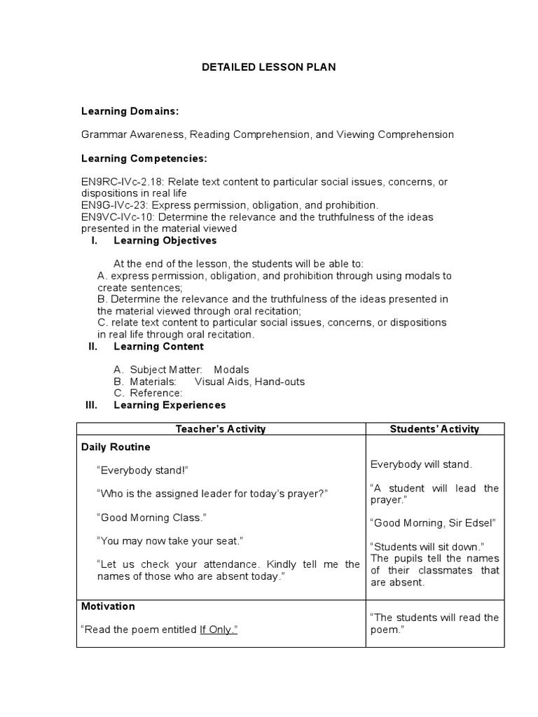Detailed Lesson Plan | PDF | Verb | Cognition