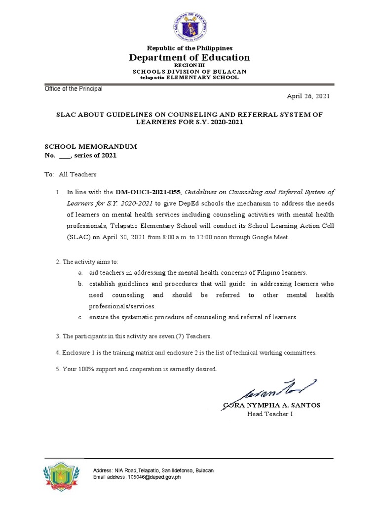 Slac About Guidelines On Counseling and Referral System of Learners For ...