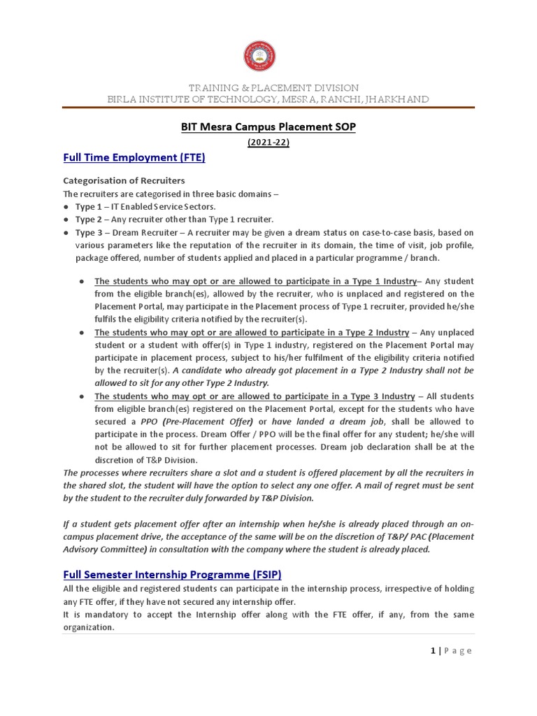 Full Time Employment (FTE) : BIT Mesra Campus Placement SOP | PDF ...