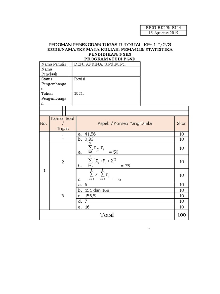 Pedoman Penskoran Tugas Statistika PGSD | PDF